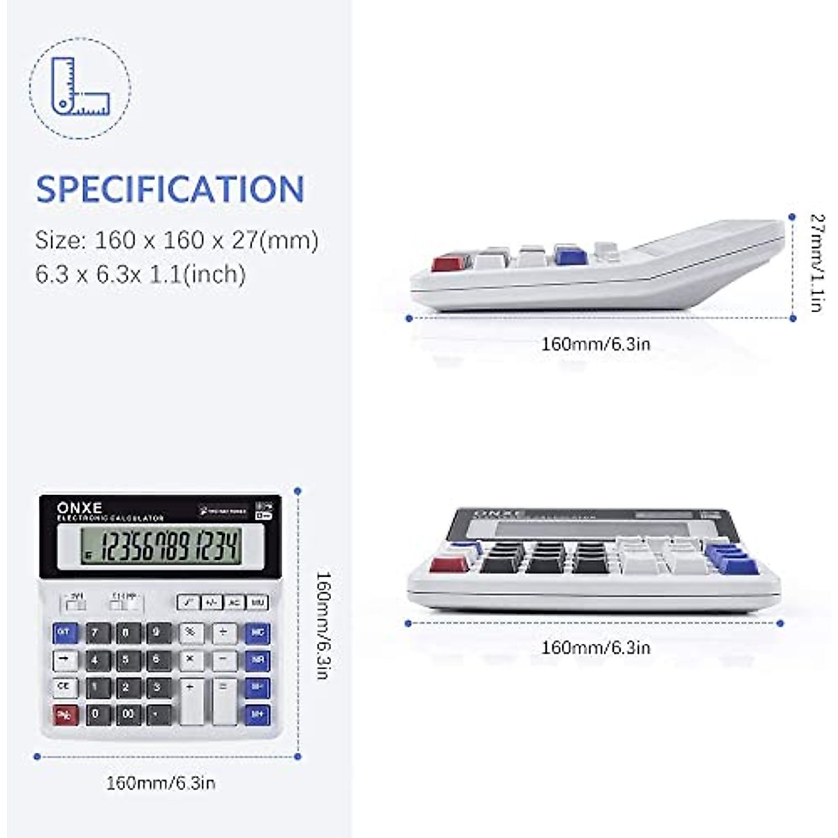 Calculator,ONXE Standard Basic 4 Function Desk Calculator, Dual Power, Big Button 12 Digit Large LCD Display,Desktop Calculators for Office School Financial Accounting Business (White)