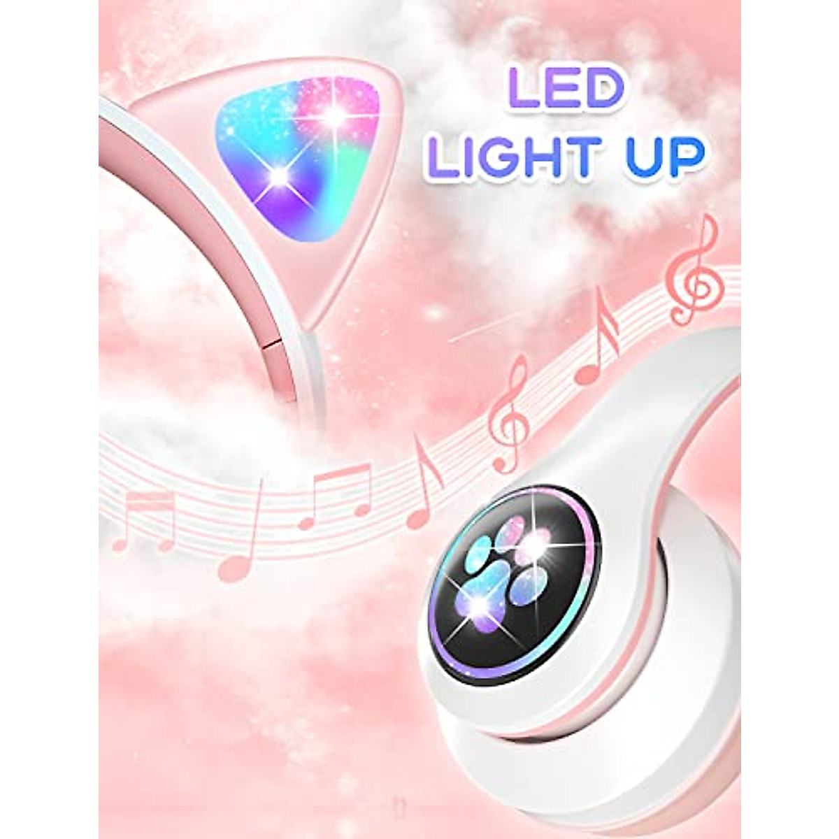 VuyKoo Kids Headphones with Microphone/RGB LED Light Up, Cat Ear Bluetooth Headphones 94dB Volume Limiting, Foldable Stereo Over-Ear Headphones for Kids Tablet/School/iPad/Smartphone (Pink)