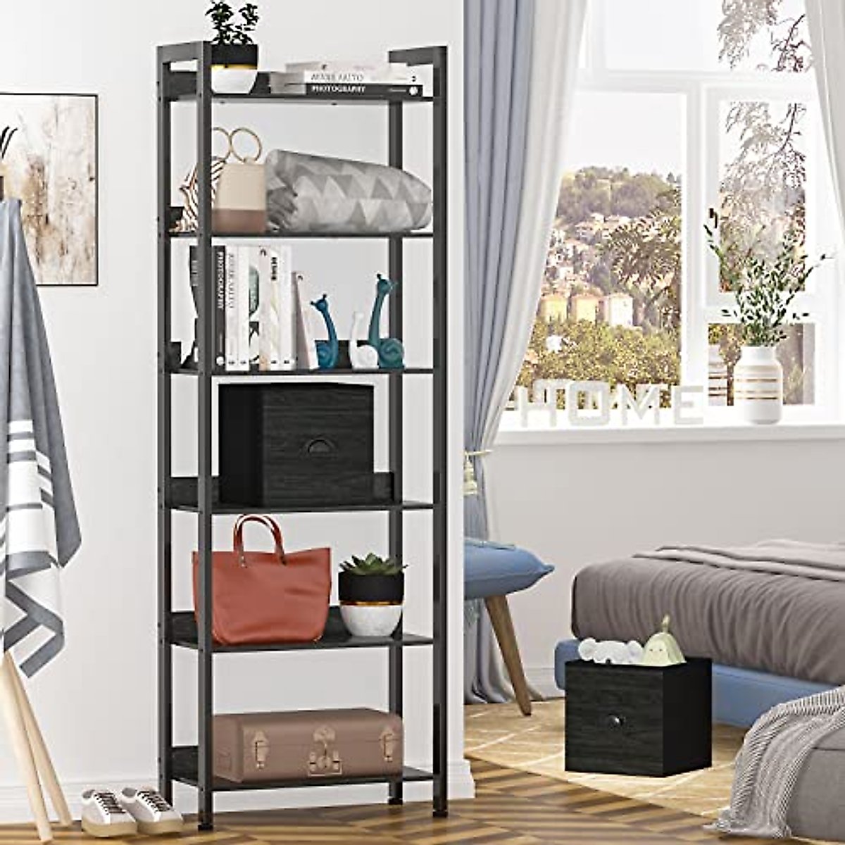 Furologee 6-Tier Bookshelf and Nightstands Set of 2, ndustrial End Table with Fabric Drawer&Storage Shelf, Small Bedside Table Organizer for Small Space, Side Table for Living Room