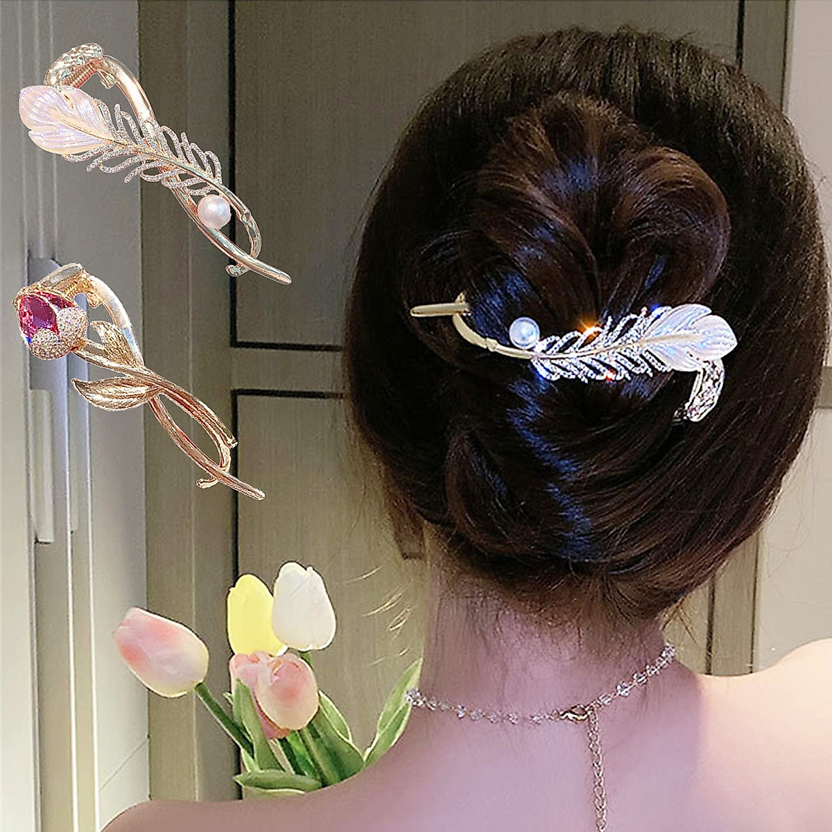 2PCS Tulip and Feather Hair Clip, Pearl Rhinestone Hair Claws French Style Twist Hair Barrette Non Slip Jaw Banana Hair Accessories for Women (TUYU)-003