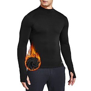 FitsT4 Sports Men's Thermal Fleece Lined Mock Neck Baselayer Tops Long Sleeve Running Athletic Shirt with Thumbholes Black L