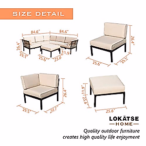 LOKATSE HOME 6 Piece Patio Conversation Set Outdoor Furniture Sectional Sofa with 3 Corner Couch 2 Armless Chair and 1 Ottoman, 6Pcs, Khaki Cushions