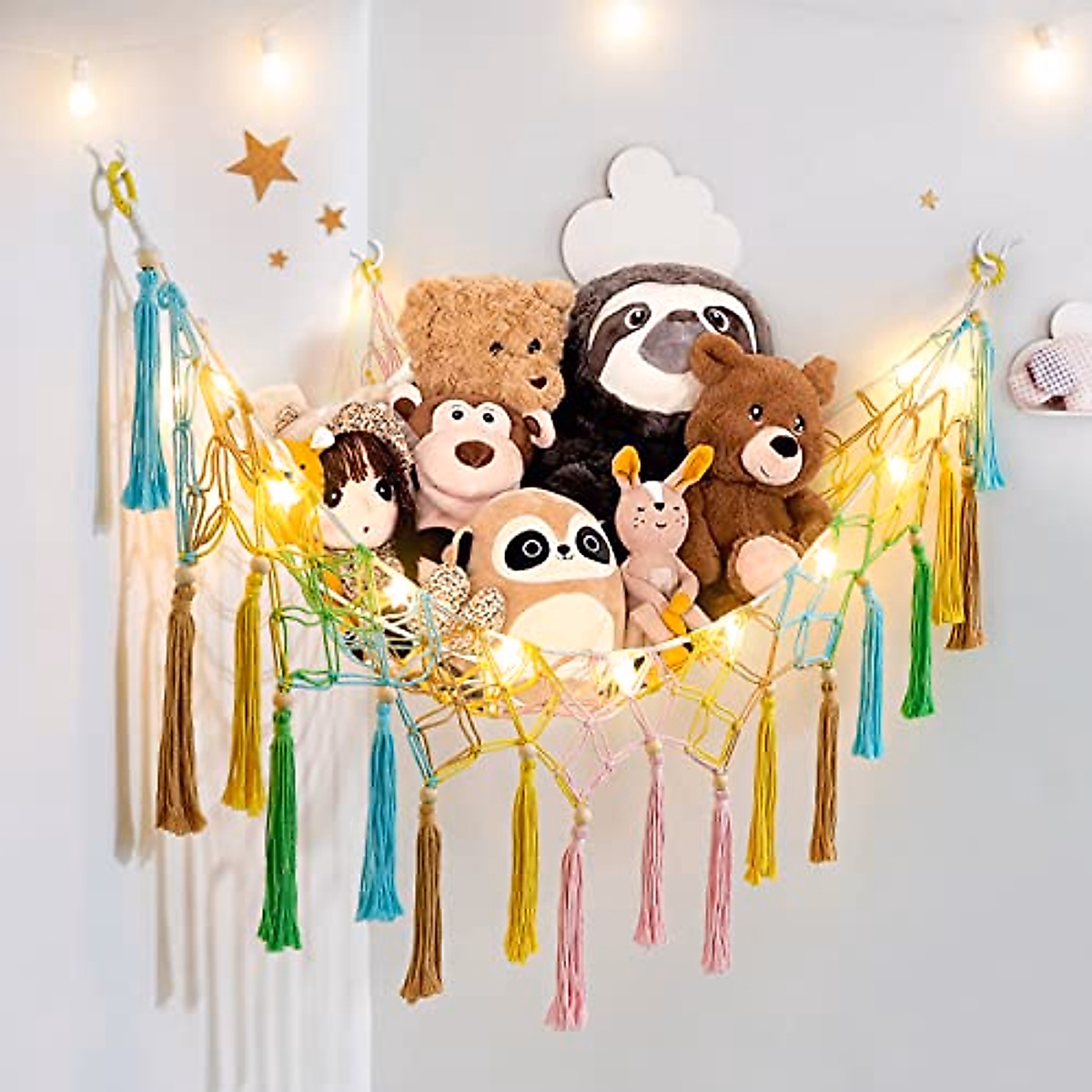 Dremisland Stuffed Animal Toy Hammock with Fairy Lights Macrame Rainbow Toy Net Hammock with Wood Beads Tassels-Stuff Animals Organizer Storage Toy Net Holder for Nursery Play Room, Kids Bedroom