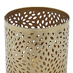 Deco 79 Metal Cylinder Pencil Cup with Laser Carved Floral Design, 4" x 4" x 4", Gold