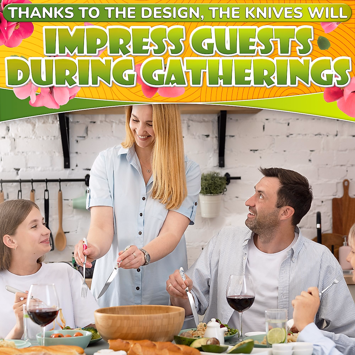 Dinner Knives Ceramic Handle Flatware Set - Floral Knife Butter Knives Set of 6 Stainless Steel Knives Kitchen Knife Dinner Knife Butter Knife Set - Table Knives Floral Knife Set Dinner Knife Set