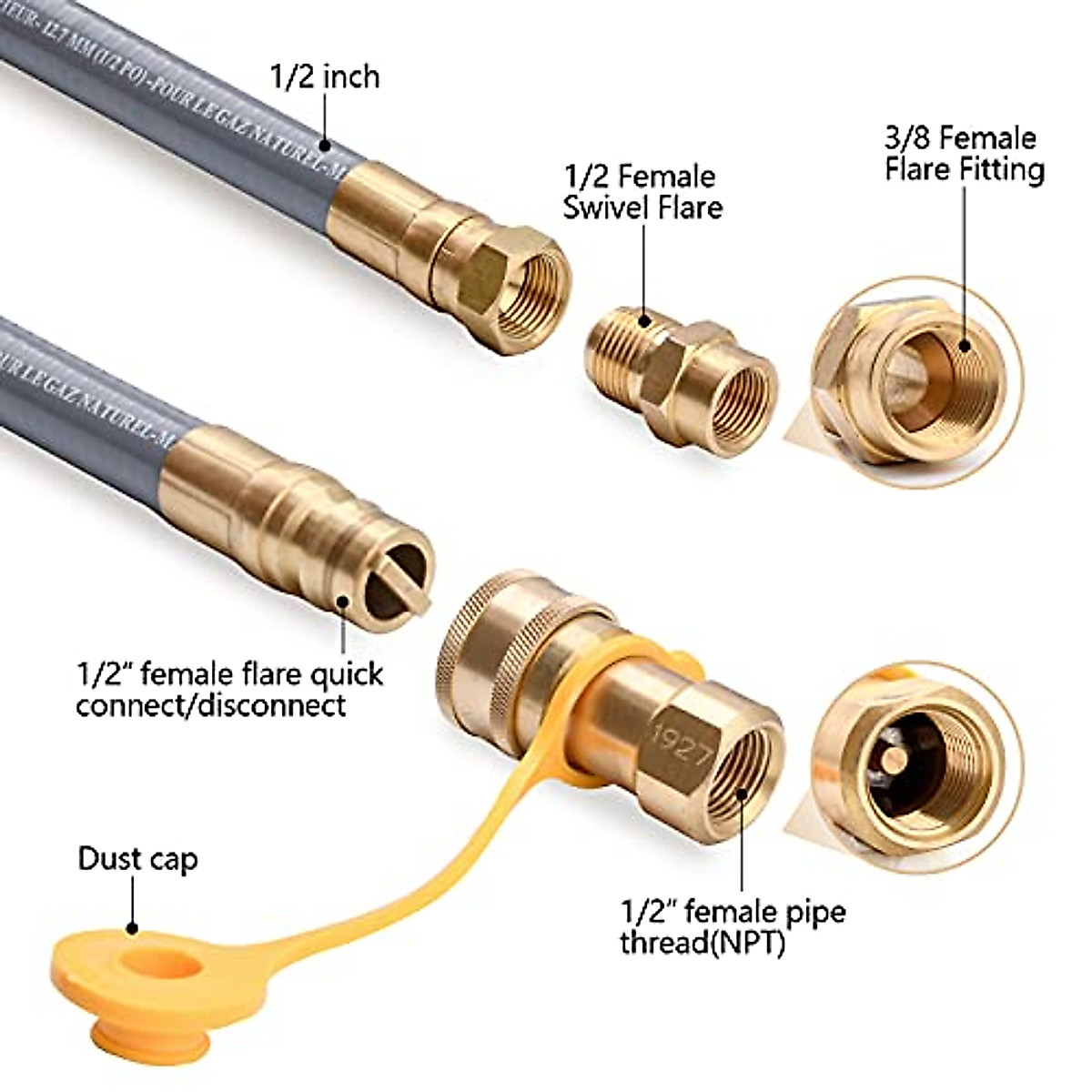 GasSaf 10 Feet 1/2" ID Natural Gas and Propane Gas Quick Connect Hose Kit -Quick Disconnect Gas Connect with 1/2 Female Pipe Thread X 1/2 Female Swivel Flare-CSA Certified