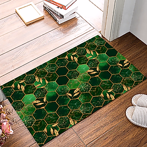 Abstract Marble Leaves Honeycomb Entrance Floor Mat Personalized Doormat Gold Green Welcome Door Mat Low Profile Non Slip Entry Rugs for Bathroom Kitchen Home Front Decor 18x30inch