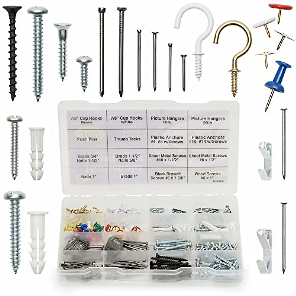 Qualihome Household Repair and Hanging Kit: Screws, Nails, Wall Anchors, Cup Hooks, Picture Hangers, Push Pins, and More