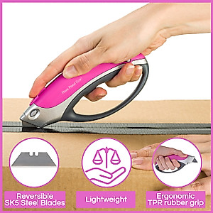 Pink Box Cutter Retractable Utility Knife - Heavy Duty Box Cutter Knife Cardboard Cutter - Box Opener Razor Blades Knife with 5 Sharp Utility Blades