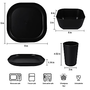 afcevnlb 24 Piece Wheat Straw Square Dinnerware Sets for 4, Unbreakable Dinner Plates and Bowls Sets for Camping Party Grill (Black)
