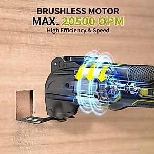 Oscillating Tool Kit, SEYVUM Brushless & Cordless Oscillating Saw With Max 20500 OPM, 4°Oscillating Angle, 6-Variable Speed, 20V Battery Powered & 22 Pcs Accessories Multi-Tool for Cut/Grind/Scraping