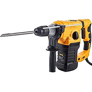 VEVOR Rotary Hammer, 1.26" SDS - Plus Hammer Drill w/ 4 Functions & 360 Degree Rotating Handle, 13A 1500W w/ 6 Step Variable Speed Adjustment 0-850RPM Hammering Machine Includes Chisels, Bits & Case