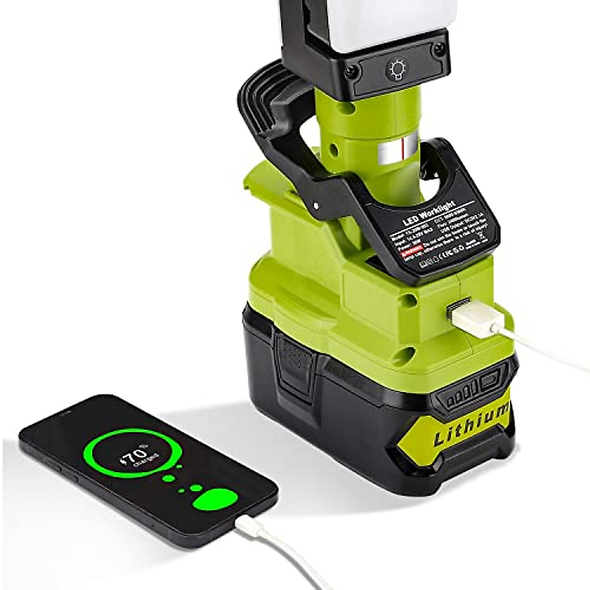 Gerttilyon 30W LED Work Light for Ryobi 18v Battery Cordless 270 Degree Rotating LED Work Light with Integrated Mounting Hooks for Car Repairing,Camping,Emergency and Job Site Lighting