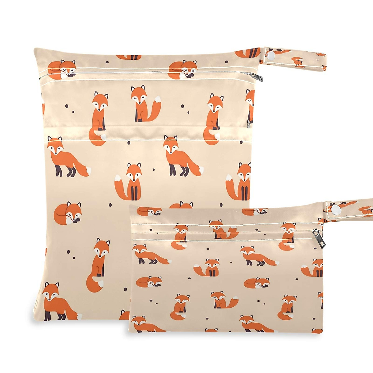 Cute Animal Fox Pattern Wet Dry Bag Set Waterproof Reusable Baby Diaper Bags Organizer with Two Zippered Pockets for Travel Beach Swimming Swimsuit Wet Clothes 2 Pack