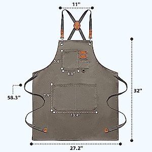 Bluegogo Chef Aprons for Men Women, Cotton Canvas Cross Back Adjustable Apron with Large Pockets for Kitchen Garden Salon (Grey)