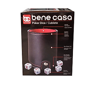 Bene Casa - Black Leather Dice Cup with Red Felt Interior Includes Reinforced Bottom and Snap-on Cup Lid - Comes with Set of 5 6-Sided Dice