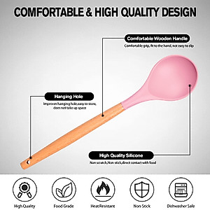 Silicone Cooking Utensils 35 Piece Set, ONATISMAGIN Kitchen Utensil Set Heat Resistant Non-Stick Cookware with Wooden Handle Suitable for Household Necessities Spatula Spoon Set (Pink)