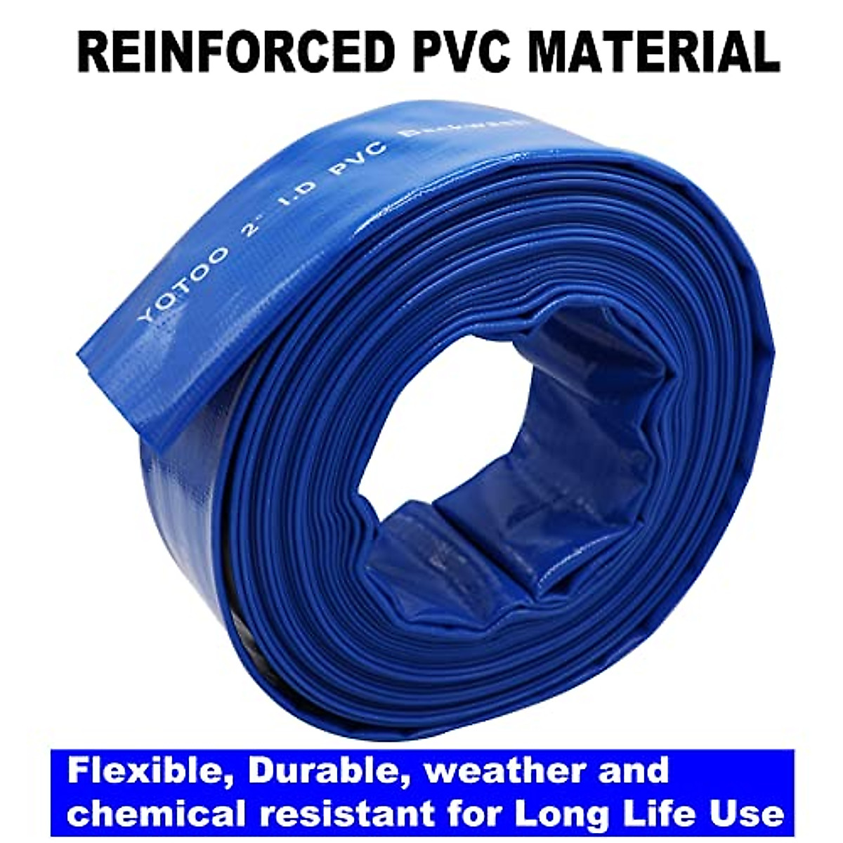 YOTOO Heavy Duty PVC Pool Backwash Hose 2 Inch by 50 Feet, Reinforced Discharge Hose with Connector and 4 Clamps for Swimming Pools, Pool Drain Hoses, Blue