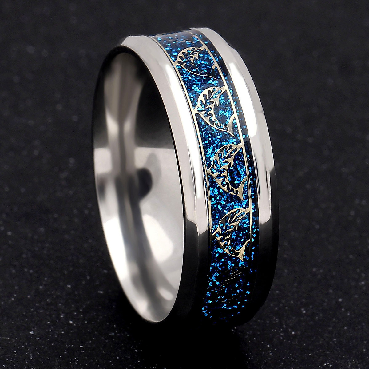 Ginger Lyne Collection Dolphins Stainless Steel Comfort Fit Wedding Band All Ocassion Ring Gold Color Inlay on Blue Background Ocean wave Beach Lovers Rings Men Women