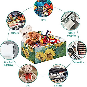 visesunny Closet Baskets Oli Painting Sunflower with Green Leaf Storage Bins Fabric Baskets for Organizing Shelves Foldable Storage Cube Bins for Clothes, Toys, Baby Toiletry, Office Supply