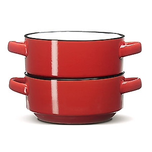 ECODECO Baking Serving Ceramic Red Soup Bowls with Handles - 16 Ounce - Set of 2 - Chowder Bisque Pot Pie Crocks