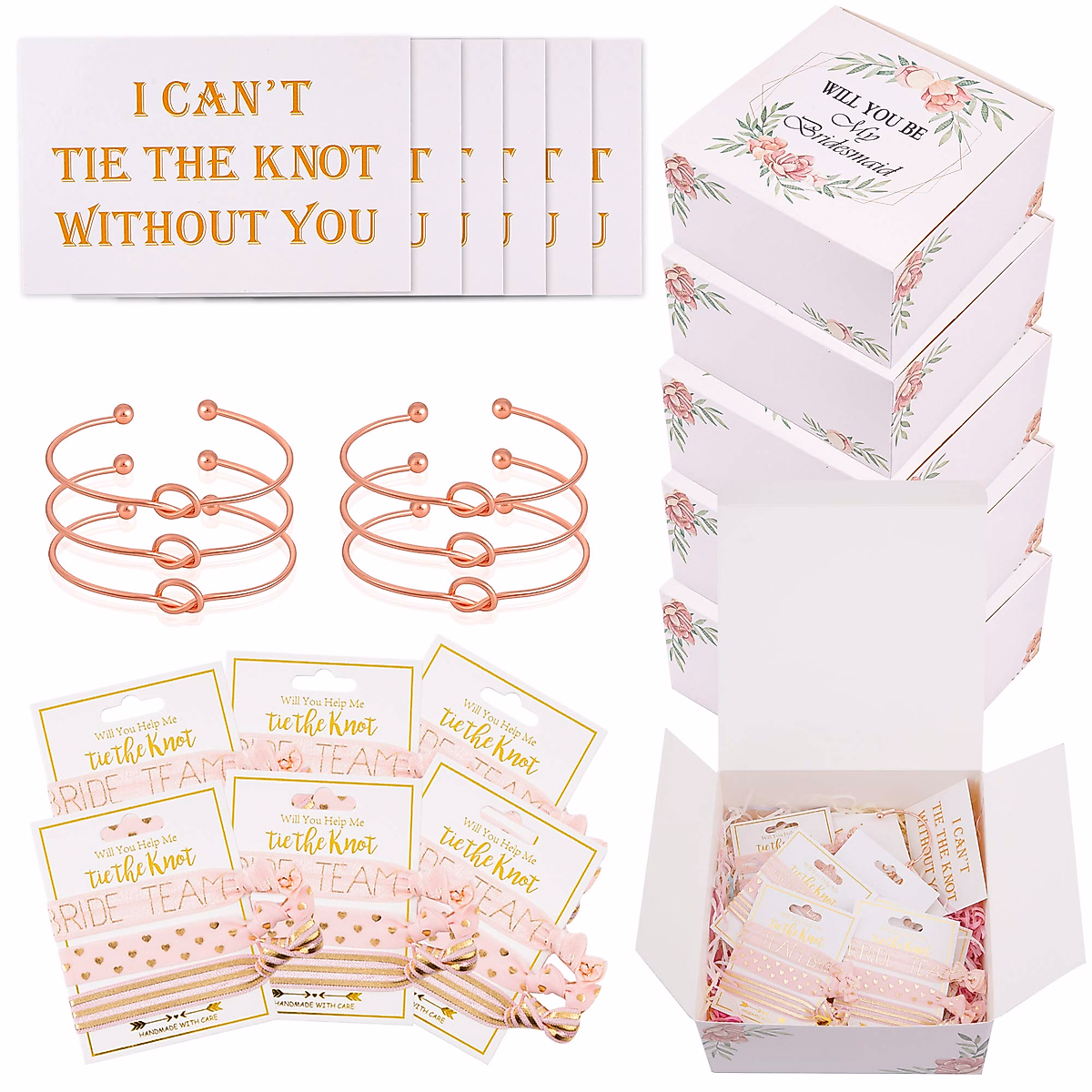 36pcs Bridesmaids Proposal Gift Set 6 Bridesmaid Proposal Boxes,6 Love Knot Bracelet with 6 I Can't Tie The Knot Card and 18 No Crease Hair Ties