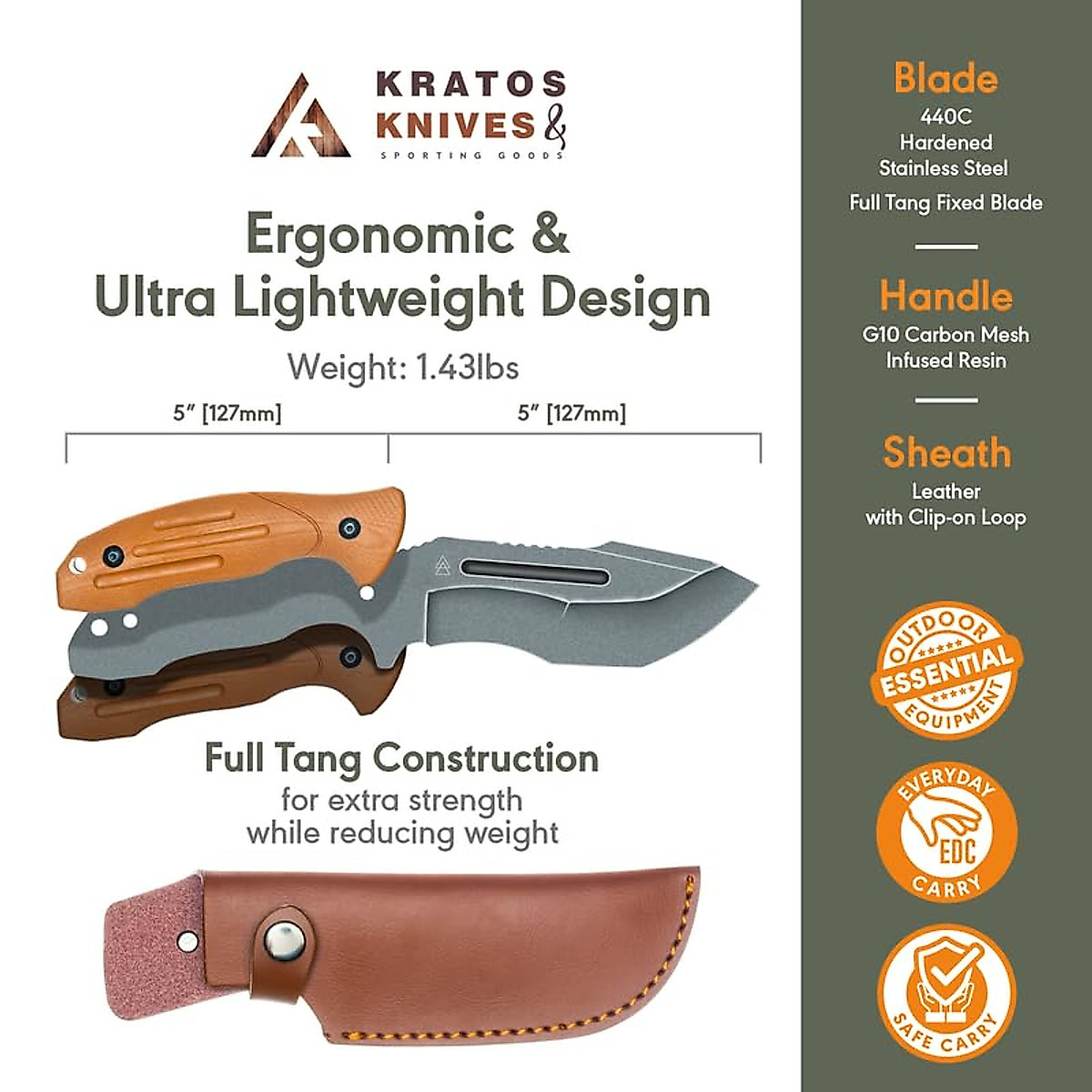 Hunting Knife with Sheath, 10" Fixed Blade Hunting Knives Infused with G10 Handle, 440C Stainless Steel Full Tang Survival Knife By Kratos - ZFS7