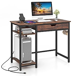 Tangkula Computer Desk with Charging Station, 40” Industrial Home Office Desk with Drawer & Adjustable Shelf, Compact Computer Workstation with CPU Stand & Headphone Hooks, Study Writing Desk