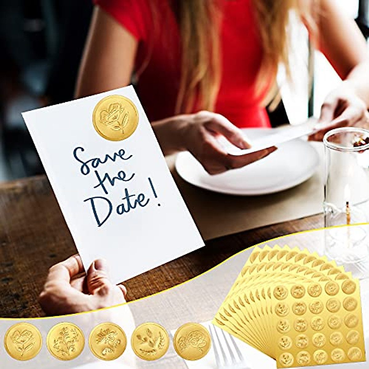 500 Pieces Gold Embossed Envelope Seals Stickers Adhesive Seal Stickers Vintage Embossed Foil Certificate Seal Plant DIY Labels for Wedding Invitations Envelopes, 5 Patterns (Flower Style)