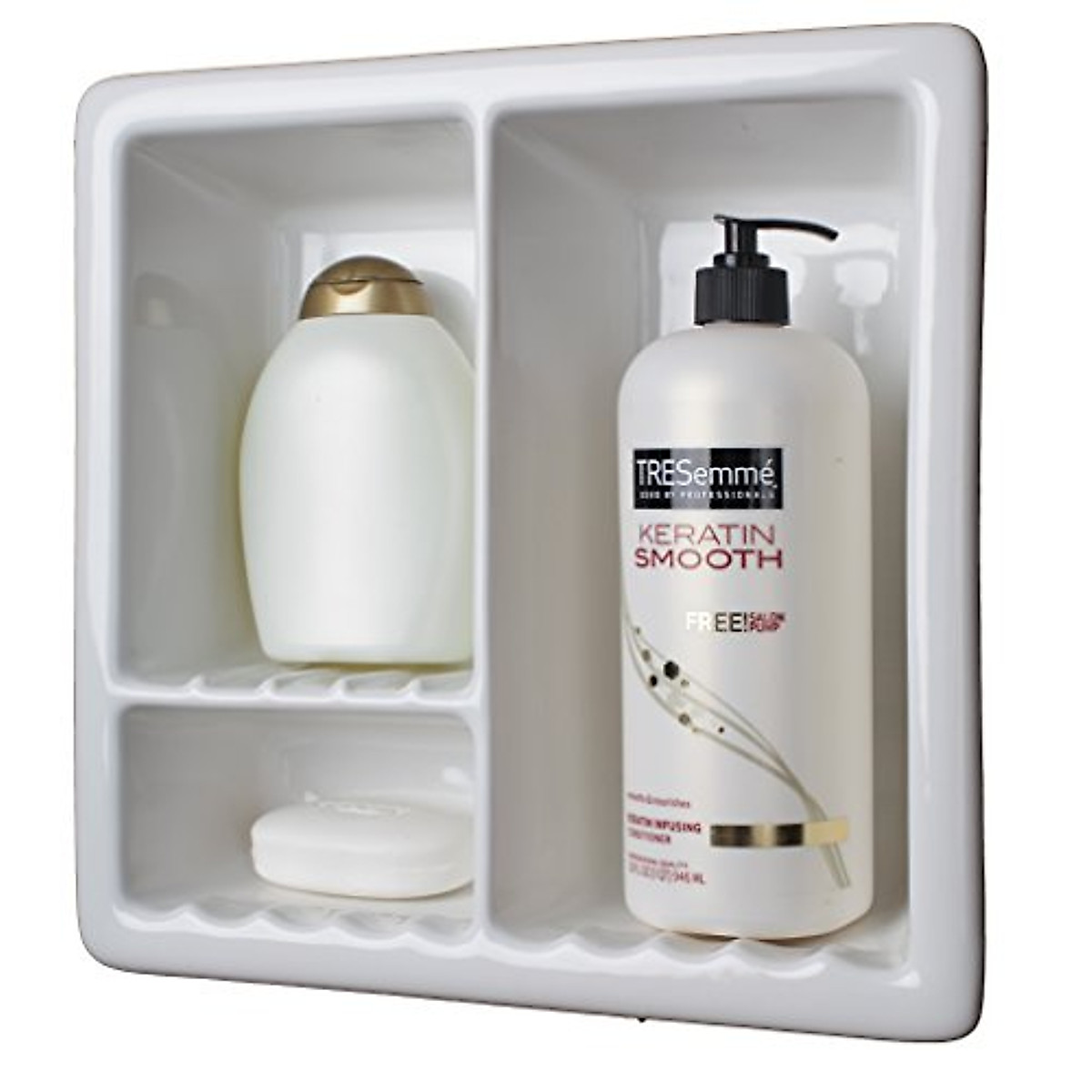 3 USA made Ceramic Recessed Shower Niche 3 compartment shampoo shelf. Easy Install, Easy Clean, Sanitary, Will not Rust or Black Mold, Holds 1-32 oz shampoo, conditioner bottles, Soap Holder 3C