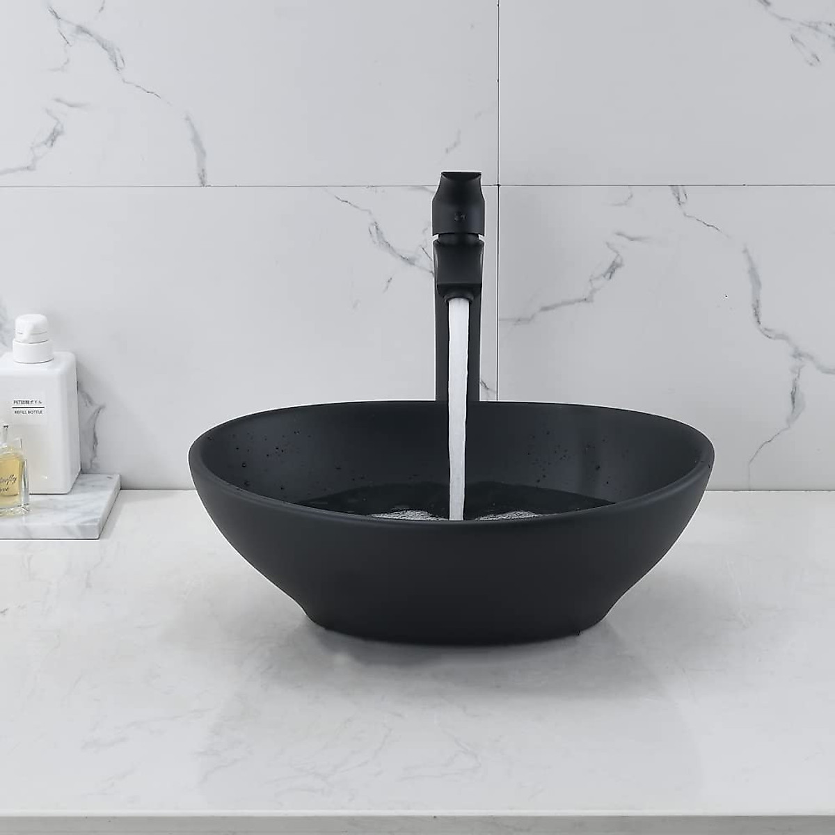 Oval Black Vessel Sink with Faucet and Drain Combo -Bokaiya 16x13 Ceramic Bathroom Sink Above Counter Vessel Sink Oval Porcelain Ceramic Bathroom Lavatory Vanity Sink Art Basin Set