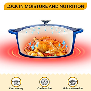 Velaze 7.5 QT Enameled Oval Dutch Oven Pot with Lid, Cast Iron Dutch Oven with Dual Handles for Bread Baking, Cooking, Frying, Non-stick Enamel Coated Cookware（Blue)