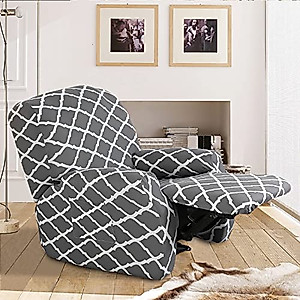 FIGOOO Recliner Sofa Slipcover 4-Piece Stretch Recliner Chair Covers Non Slip Spandex Pattern Recliner Cover with Pockets Reclining Couch Covers Furniture Protector for Dogs Cats(Gray Plaid,1 Seater)