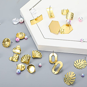 Hicarer 36 Pcs/ 18 Pairs Gold Plated Earring Studs for Jewelry Making Earring Posts with Loop Hole Ear Studs Kit Palm Leaf Shaped Flower Shell Ear Pad Base Posts Heart Hollow Rectangle Hexagon Shapes