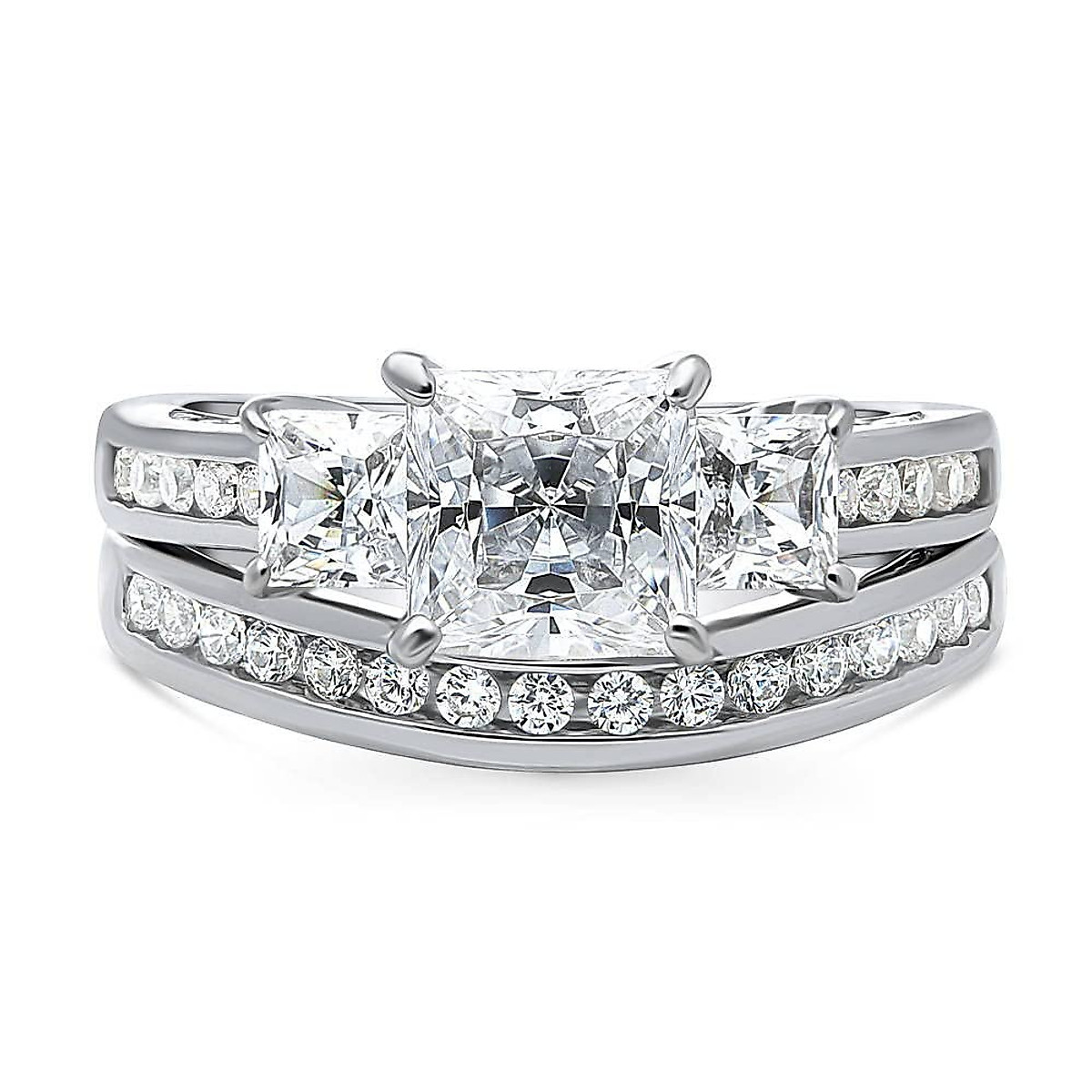 BERRICLE Sterling Silver 3-Stone Wedding Engagement Rings Princess Cut Cubic Zirconia CZ Ring Set for Women, Rhodium Plated Size 8