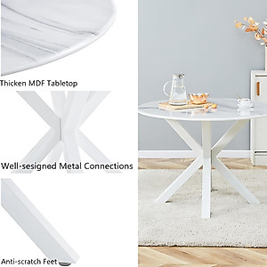 42" Round Dining Table for 4, White Tulip Table,Mid-Century Modern Circle Table with Faux Printed Marble Top and Metal Cross Legs for Home and Kitchen Small Space