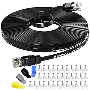Cat 6 Ethernet Cable 100 ft, Indoor&Outdoor, High Speed Flat Internet Network Cable - Cat6 Ethernet Patch Cable Long - Black Computer LAN Cable + Free Cable Clips and Straps
