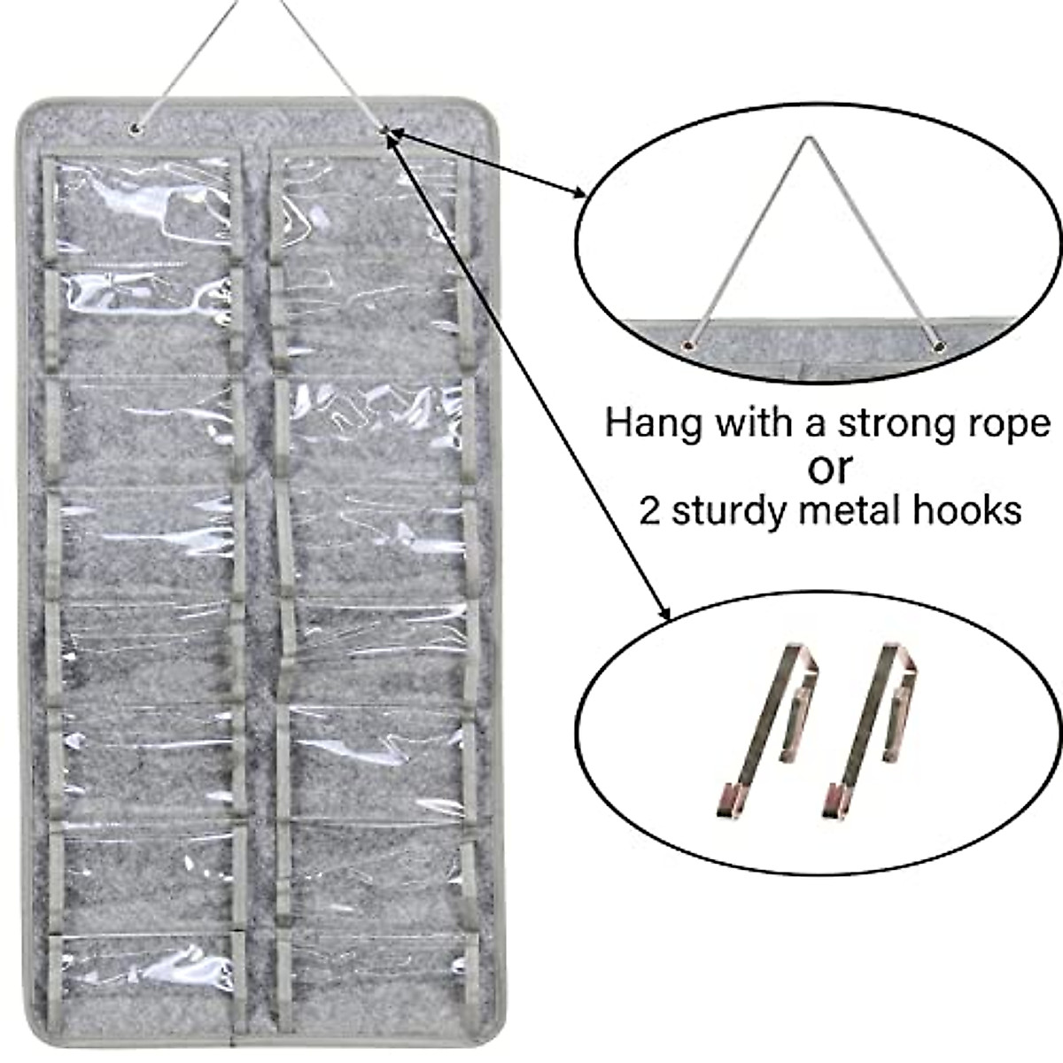 Casaphoria Sunglasses Organizer Storage, Hanging Dust Proof Wall Pocket Glasses Organizer - 16 Felt Slots Sunglass Organizer Holder with Metal Hook and Sturdy Rope (Gray, Dust Proof)