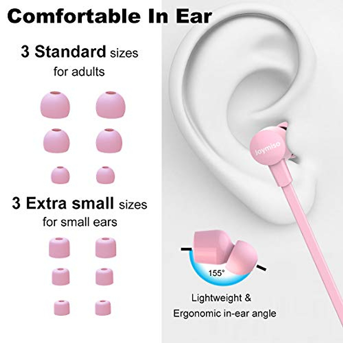 Joymiso Tangle Free Earbuds for Kids Women Small Ears with Case, Comfortable Lightweight in Ear Headphones, Flat Cable Ear Buds Wired Earphones with Mic and Volume Control for Cell Phone Laptop (Pink)