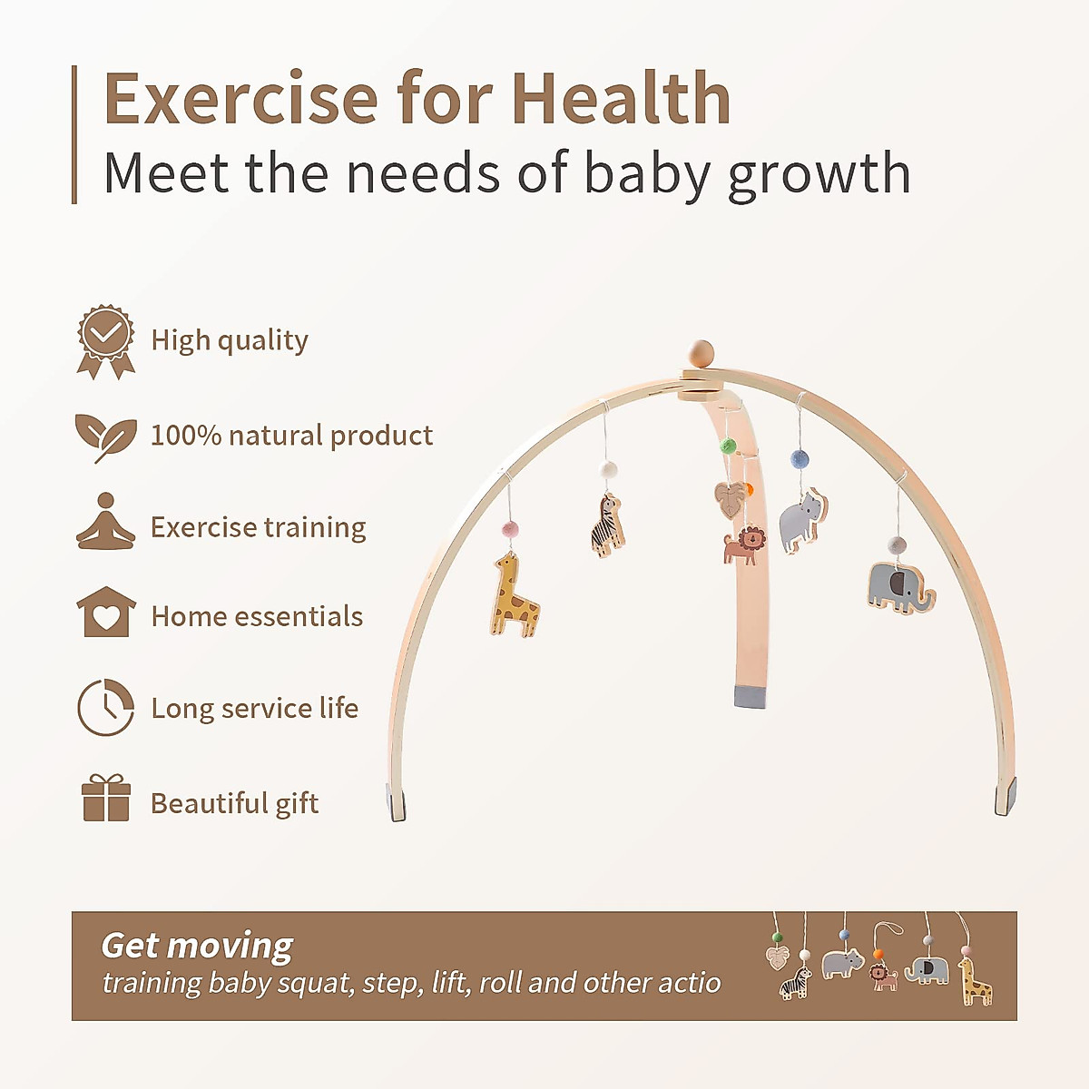 Wooden Baby Gym Foldable Baby Play Gym Frame Activity Center Hanging Bar with Cute Animals Toys for Sensory Exploration and Motor Skill Development, Newborn Gift for Girls Boys（Without Play Mat）