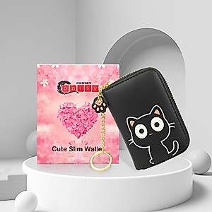 CONISY Cute Card Holder for Women, RFID Leather Small Credit Card Holder Wallet with Removable Keychain Wristlet (black cat)