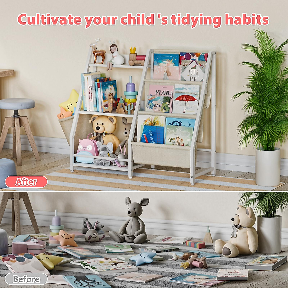 LATIBELL 3 Tier Kids Bookshelf and Toy Storage, Kids Book Sling Shelf, Montessori Baby Toddler Bookshelf for Kids, Kids Bookcase, Toy Storage Organizer, for Playroom, Bedroom, Nursery (White)