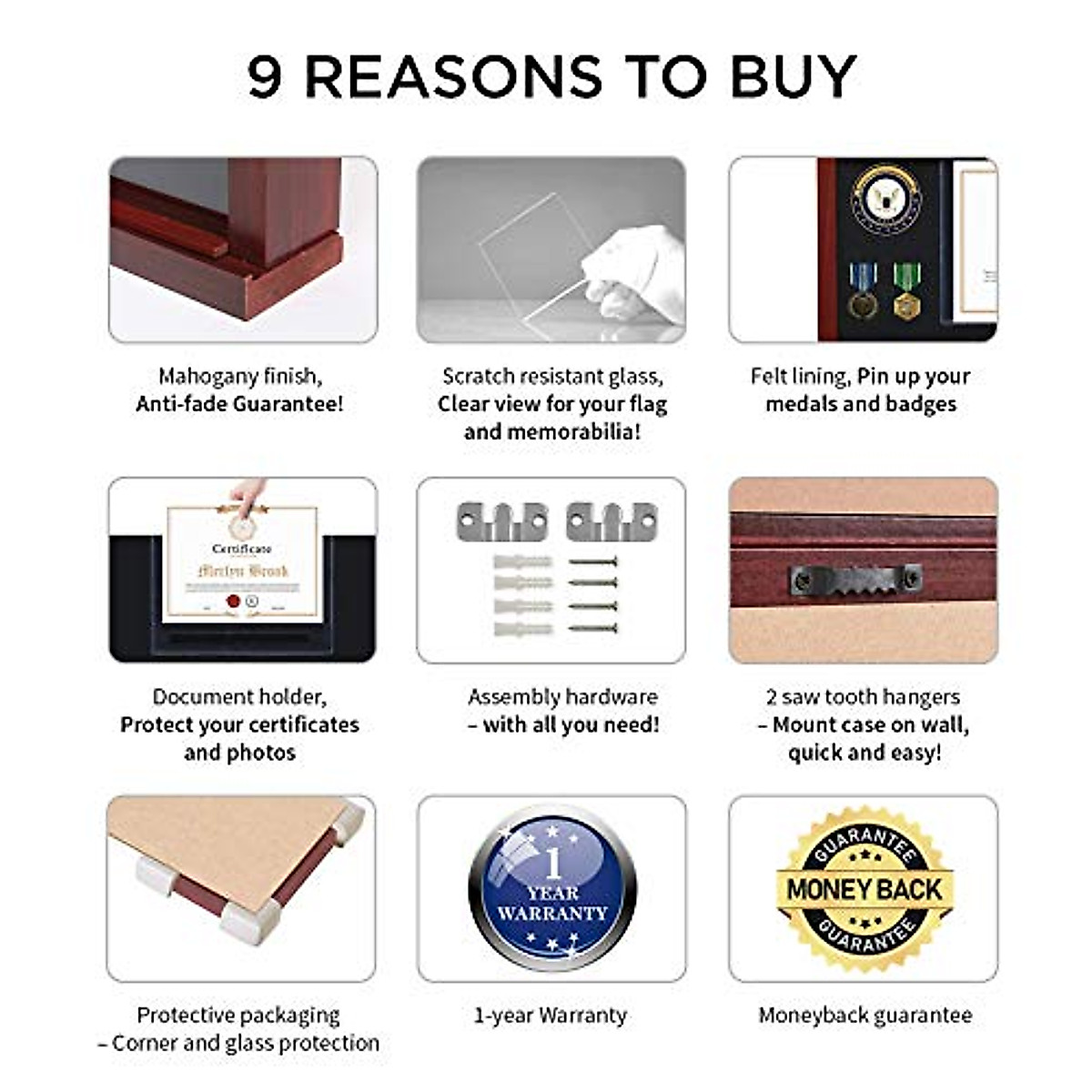 flybold Small Flag Case for American Veteran Burial Flag - Solid Wood Military Shadow Box with Wall Mount fits a 3 x 5 ft Folded Flag Display Case Set with Certificate Holder - Mahogany Frame