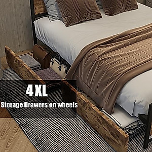 Ailisite Queen Size Bed Frame with Storage Drawers and 2 USB Ports, LED Queen Bed Frame with Headboard, Metal Platform Bed No Noise, Mattress Foundation Strong Metal Slats Support No Box Spring Needed