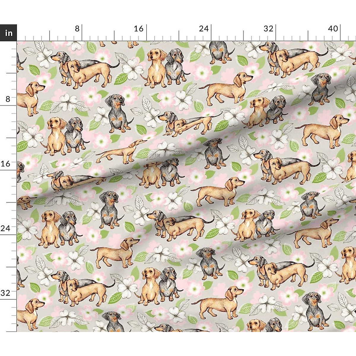 Spoonflower Fabric - Dachshunds Dogwood Blossoms Pink Large Dachshund Dogs Cute Gray Year Printed on Petal Signature Cotton Fabric by The Yard - Sewing Quilting Apparel Crafts Decor