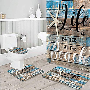 Life is Better at The Beach Starfish 4 Pcs Shower Curtain Sets with Non-Slip Bathroom Rugs Toilet Lid Cover and Bath Mat, Durable Waterproof Curtains with Hooks Rustic Wood Grain