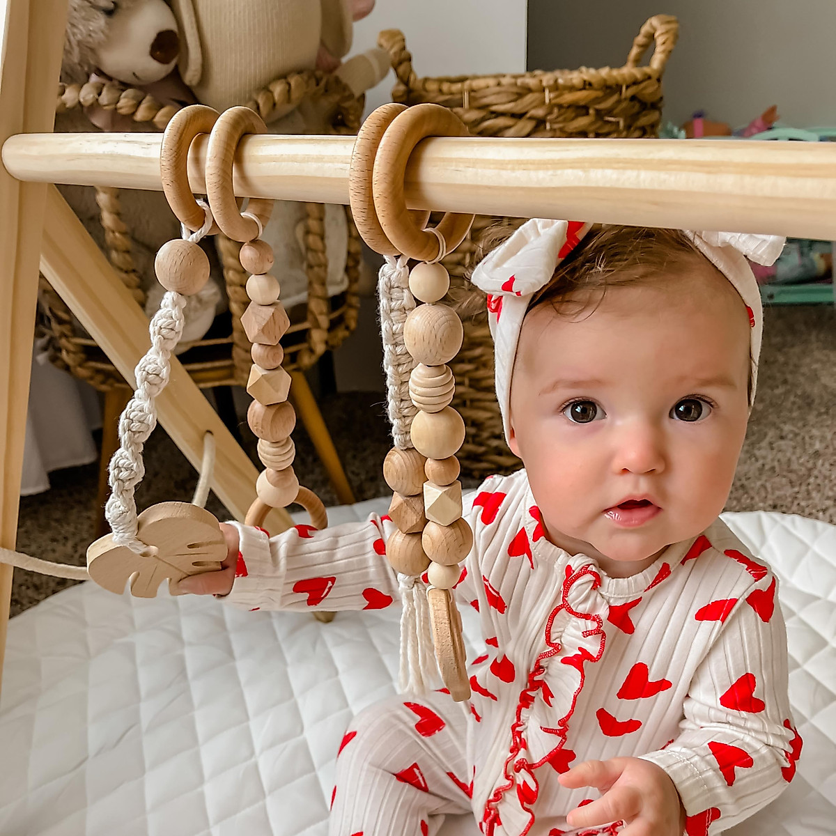 Poppyseed Play Wooden Baby Play Gym, Foldable Frame w/Hanging Bar, Tied Cotton Cord & Wooden Toys, Gender Neutral Baby Activity Set, Easy to Assemble (White Wood, Macrame Toys)
