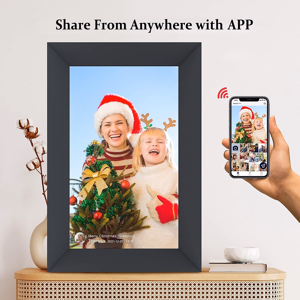 AEEZO 10.1 Inch WiFi Digital Picture Frame, IPS Touch Screen Smart Cloud Photo Frame with 16GB Storage, Easy Setup to Share Photos or Videos via Frameo APP, Auto-Rotate, Wall Mountable (Black)