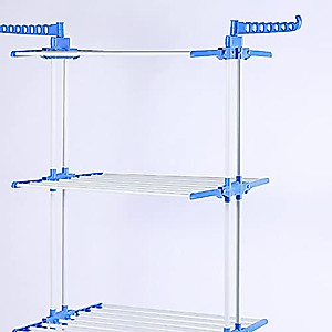 mumisuto Clothes Drying Rack, 3 Tier Folding Clothes Rail Movable Rolling Laundry Dryer with Hanging Rods Heavy Duty Cloth Drying Stand for Drying Clothes Towels Bed Linen(Blue)