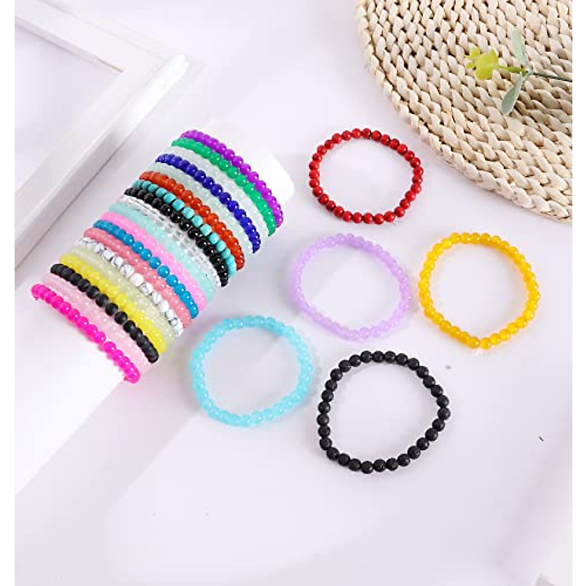 SAMOCO 24Pcs 6mm Beaded Stretch Bracelet Handmade Round Glass Bracelet for Women Multicolor Matte Beads Elastic Bracelet